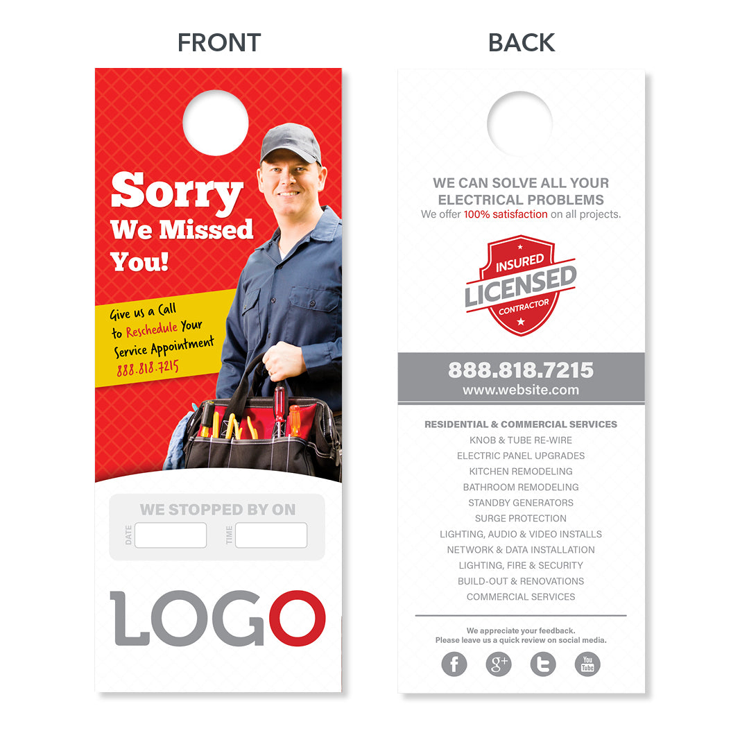 Sorry Missed You Electrician Door Hanger - Designed & Printed ...